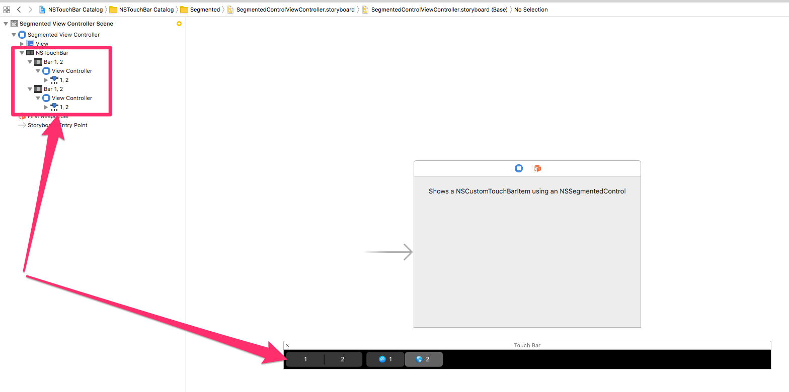 [Xcode 8.1] サンプルコードからTouchBarのAPIを理解する#3 NSTouchBar CatalogのSegmented ControlとGroupの構造 ...