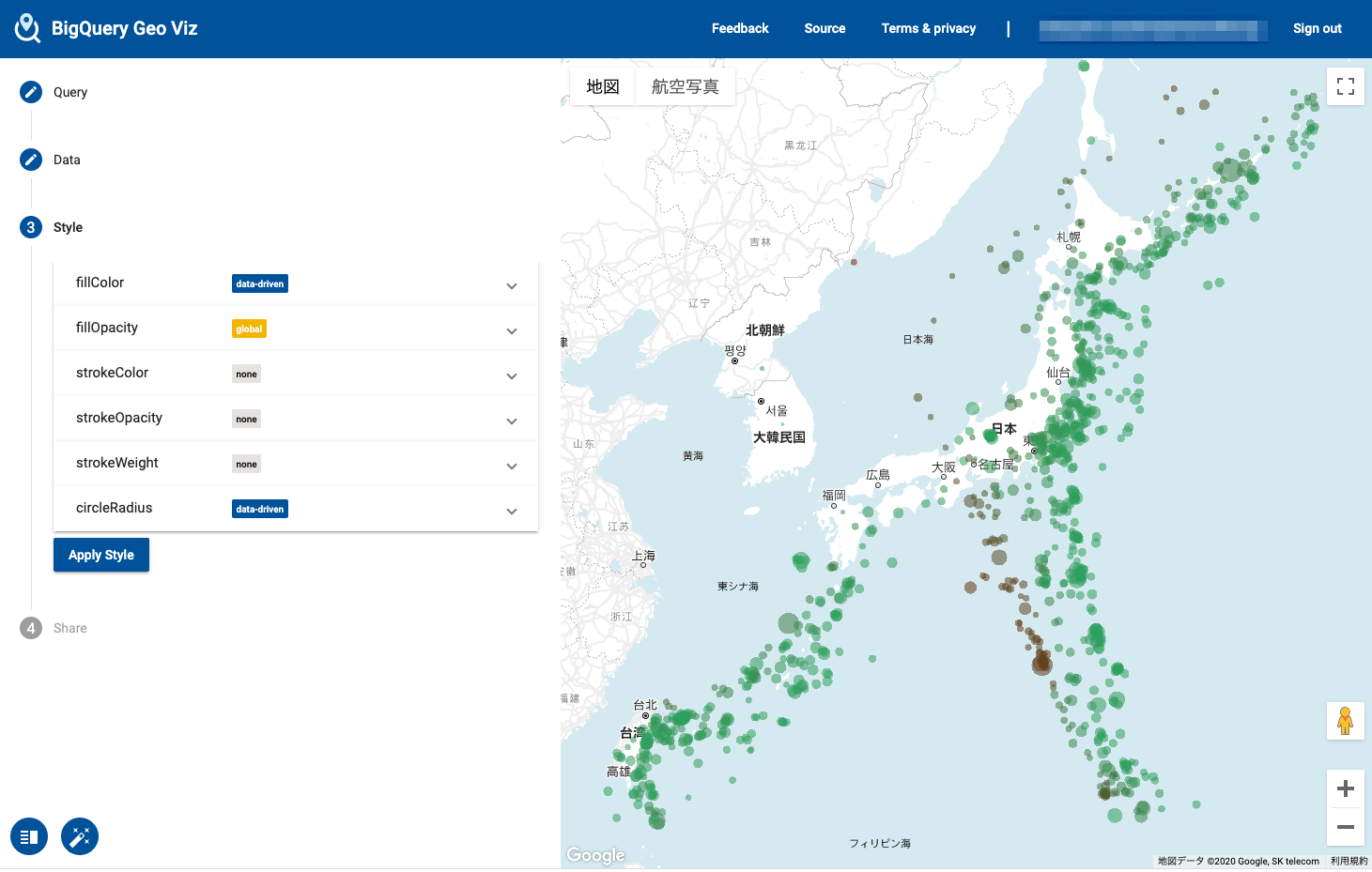 BigQuery Geo Vizで地理空間データの可視化を行う(BigQuery GIS) | DevelopersIO