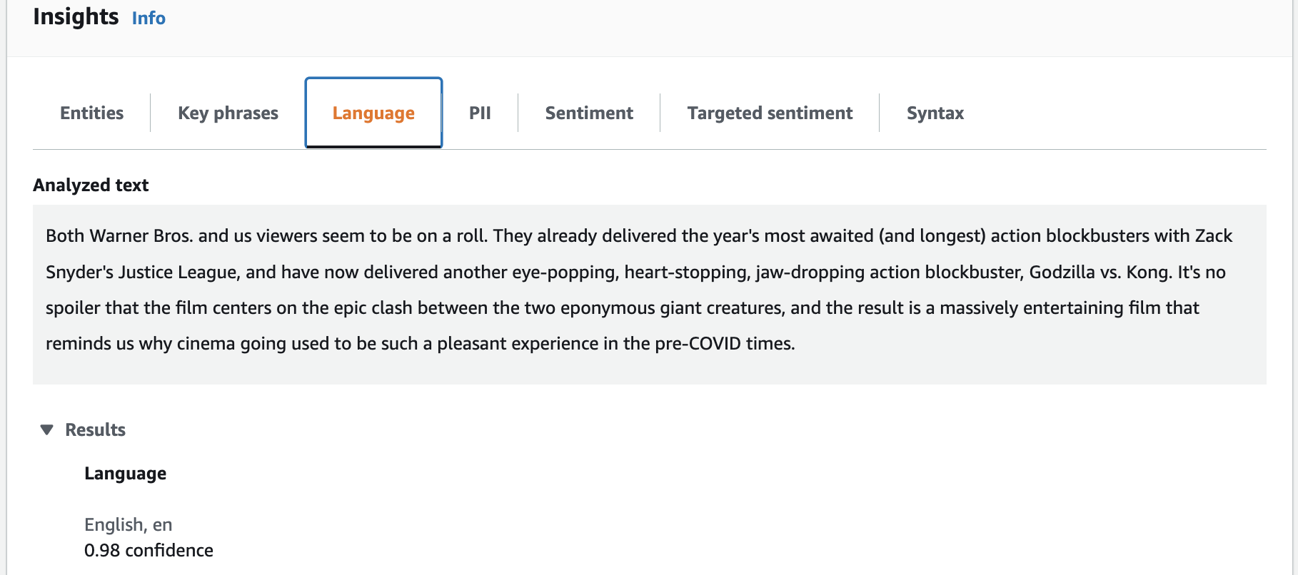 I tried to Analyze insights in text of a movie review with Amazon Comprehend | DevelopersIO