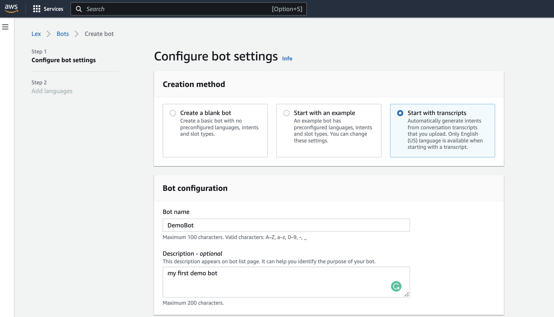 I automated chatbot designer in Amazon Lex | DevelopersIO